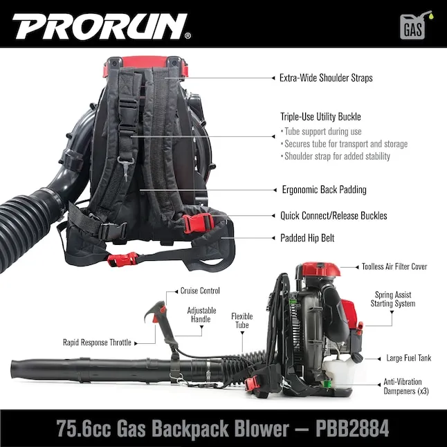 PBB2884 - 75.6cc 1020 CFM Gas Backpack Leaf Blower - PRORUN